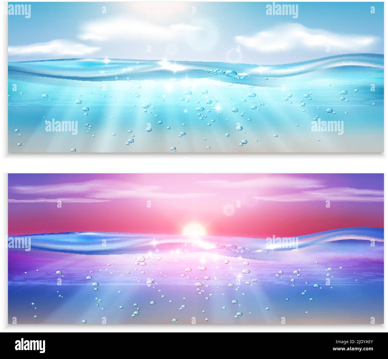 Underwater ocean wave realistic set of two horizontal banners with open ...