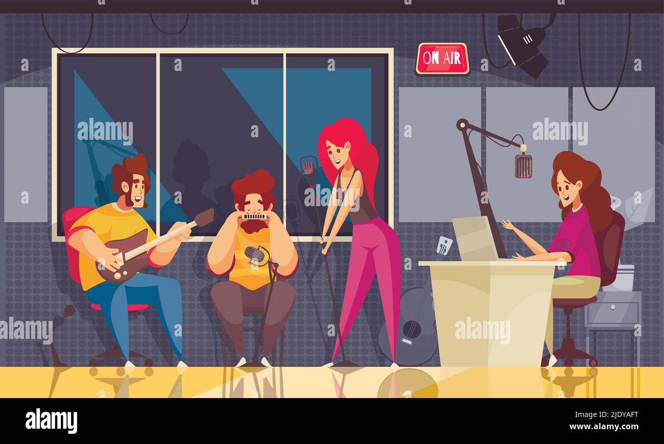 Radio studio background with music recording symbols flat vector ...