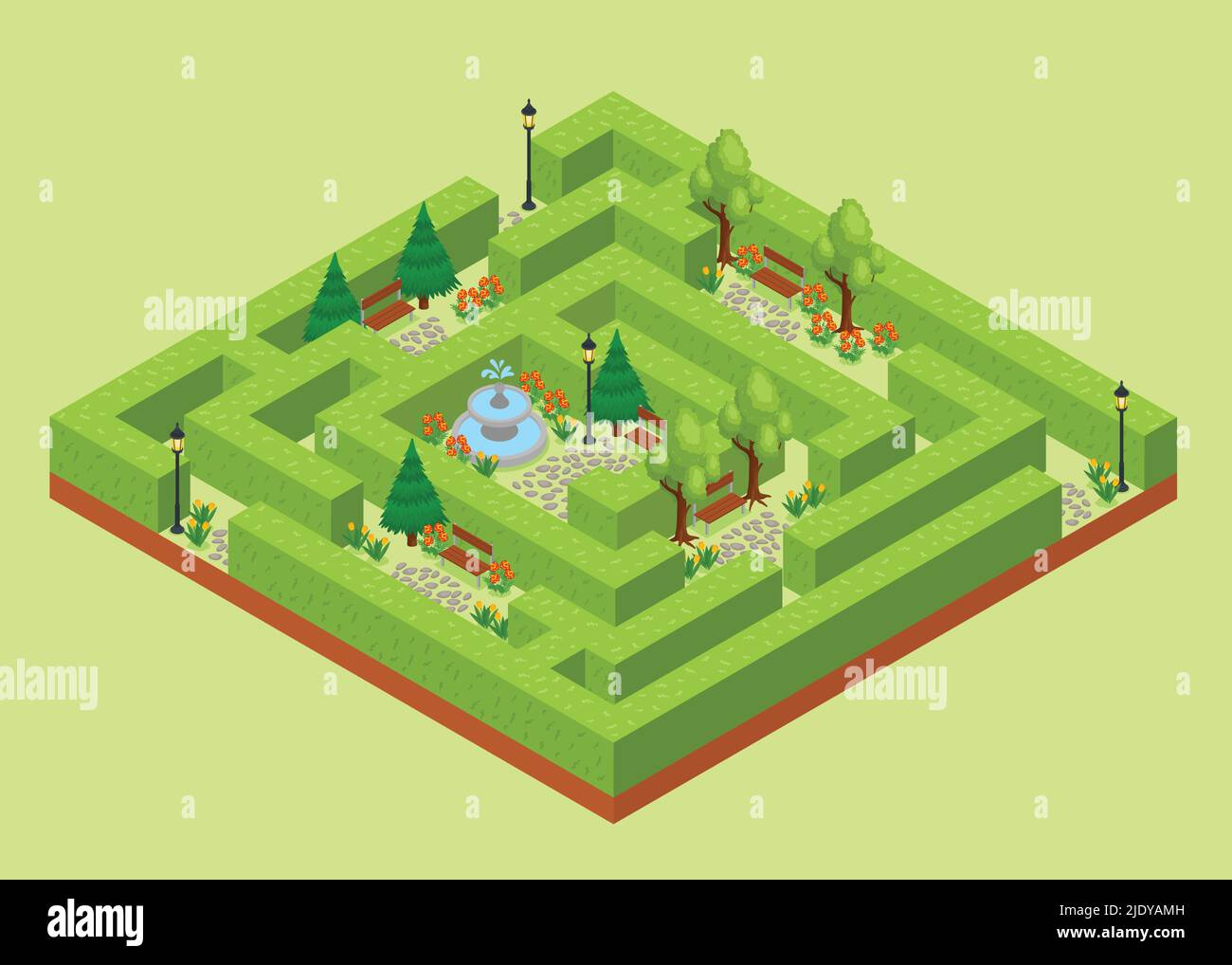 Labyrinth garden isometric view of outdoor maze of hornbeam trees ...