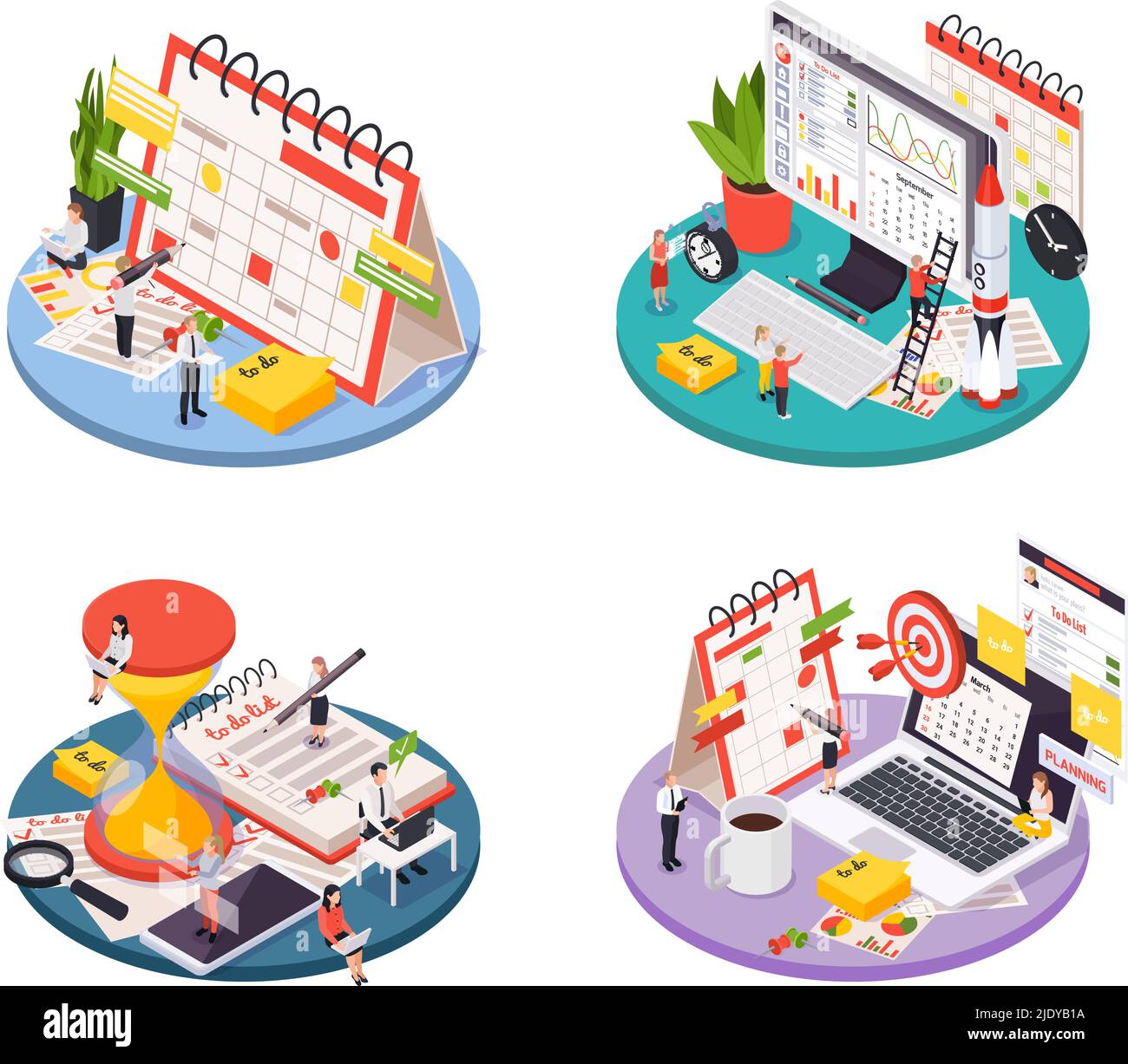 Time management planning schedule isometric icon set with to do lists ...