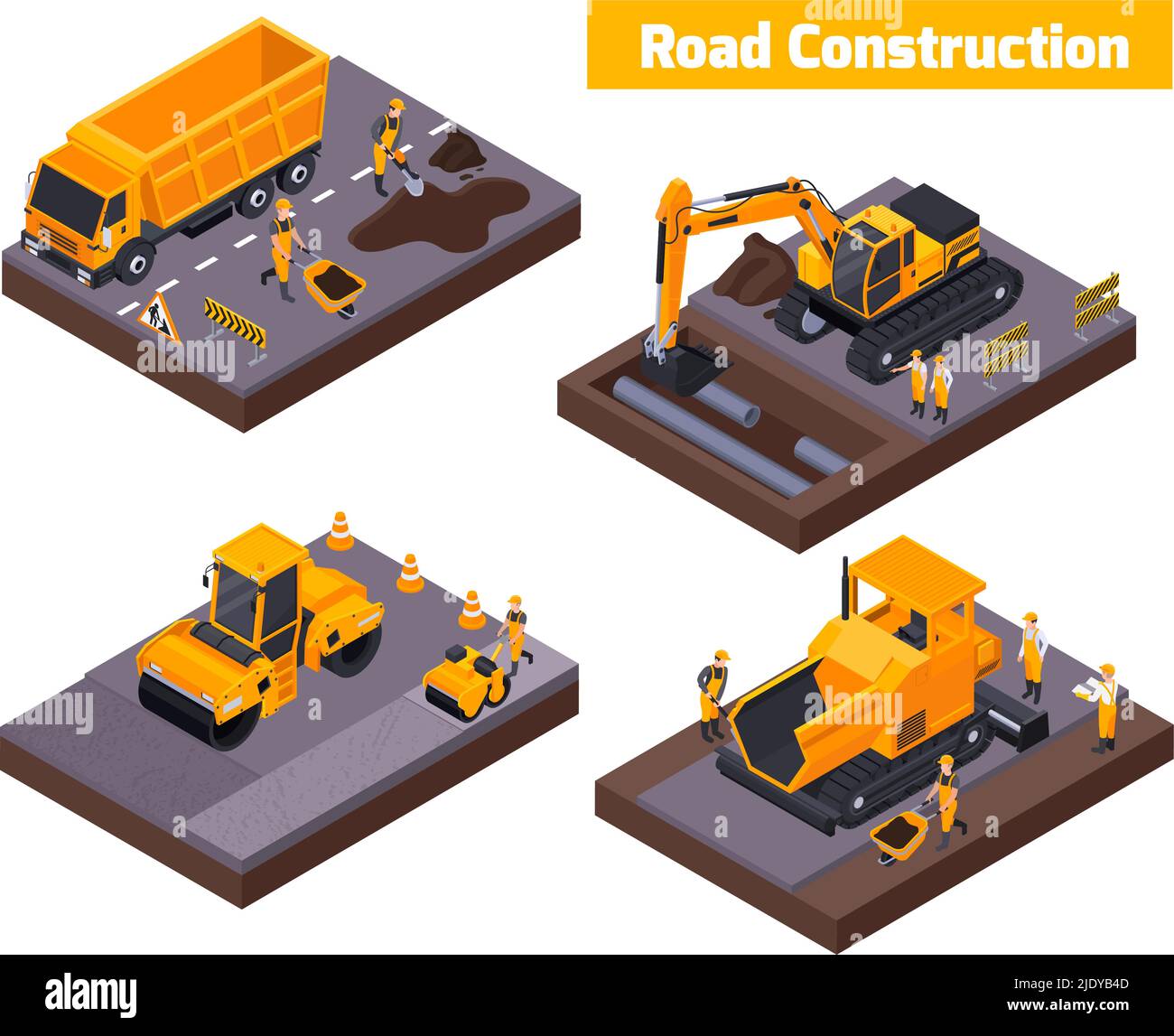 Colored road construction isometric icon set with workers four special ...