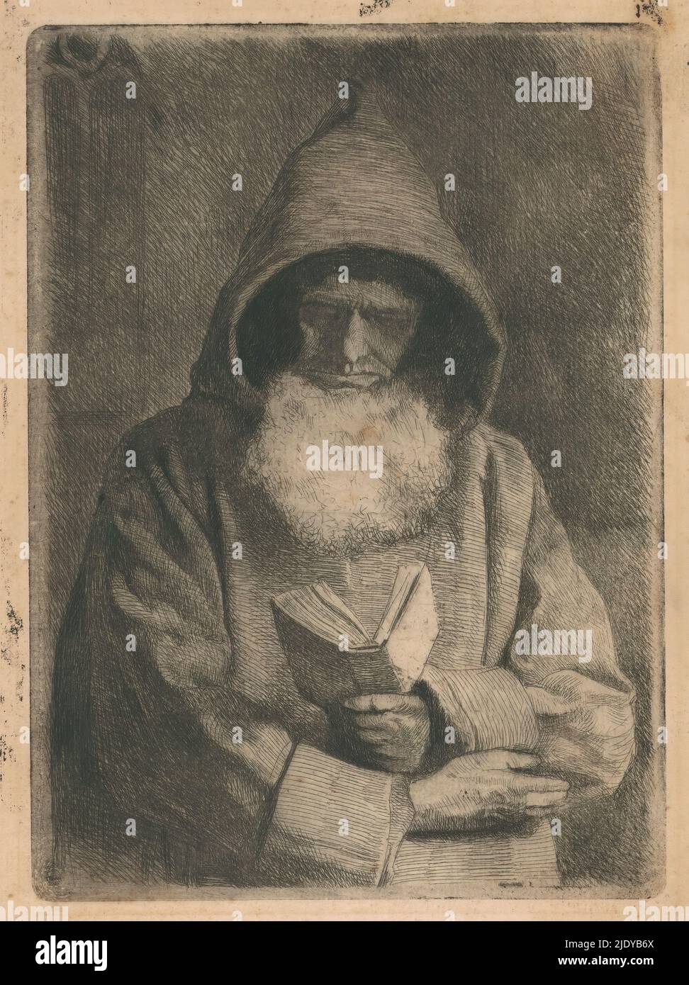 Reading Monk, A standing monk with a beard and his hood over his head ...
