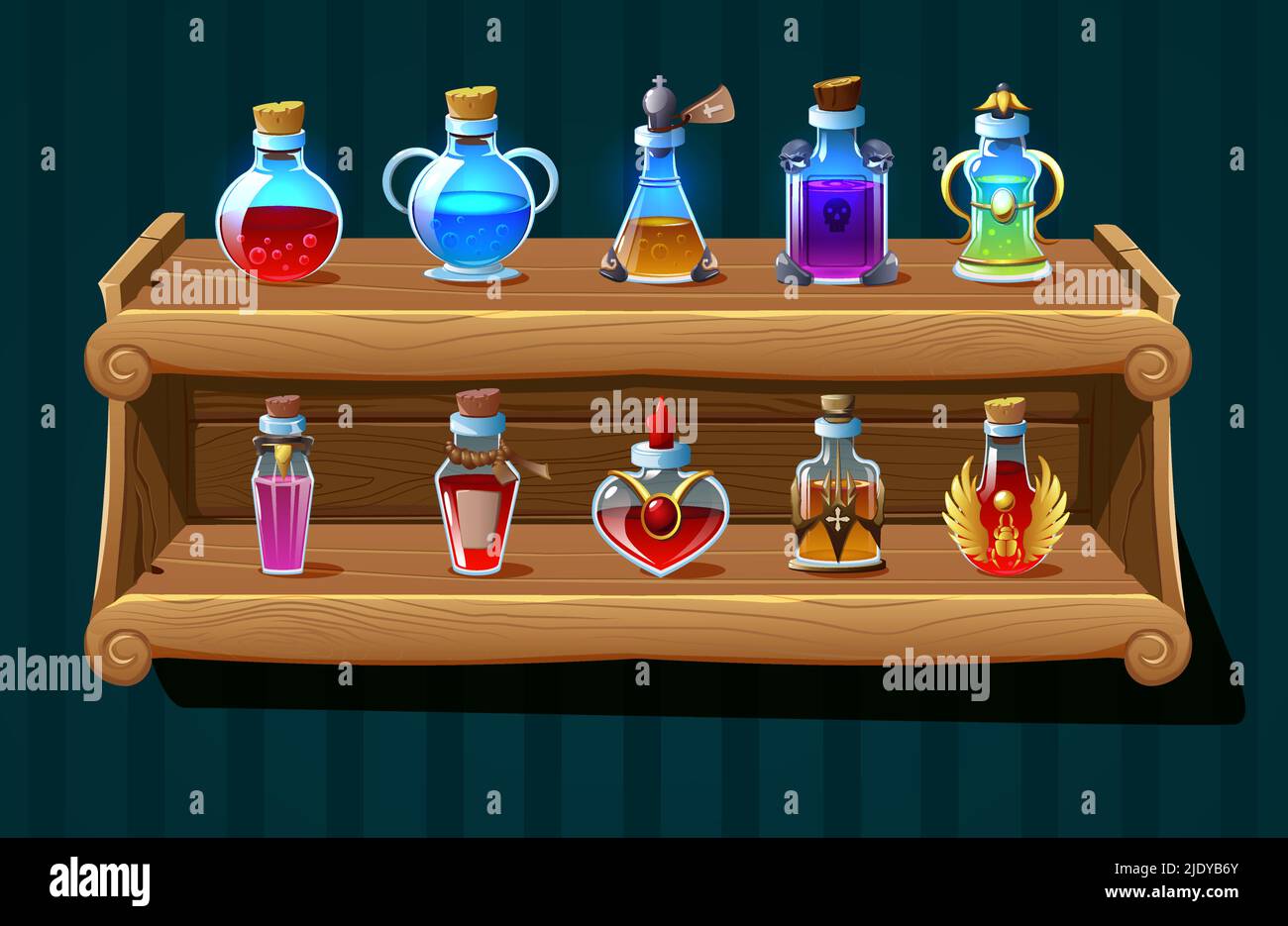 Bottles with magic potions and poison on wooden shelf realistic ...
