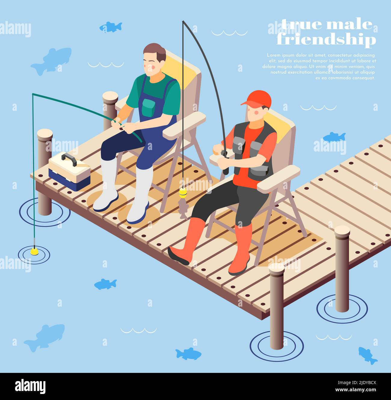 Isometric background with two true male friends fishing 3d vector ...