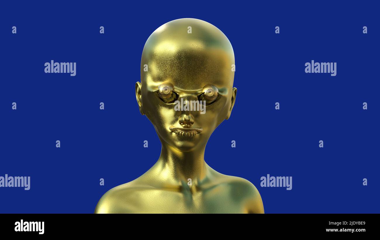 Golden bald alien humanoid on a blue background Stock Photo - Alamy