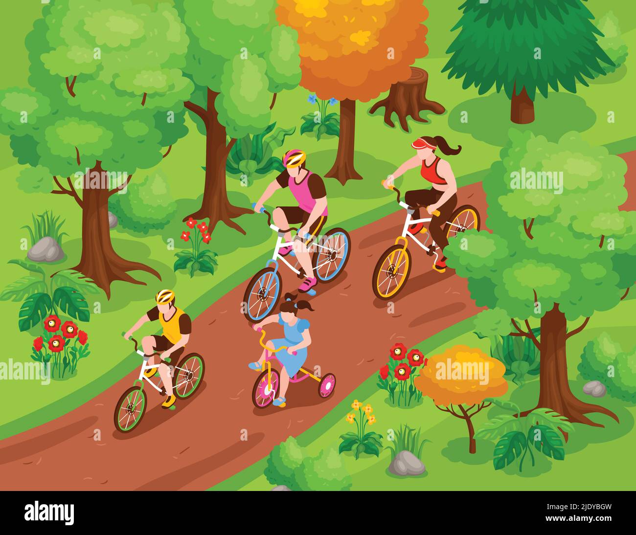 Family fitness isometric background with bicycle riding with parents ...