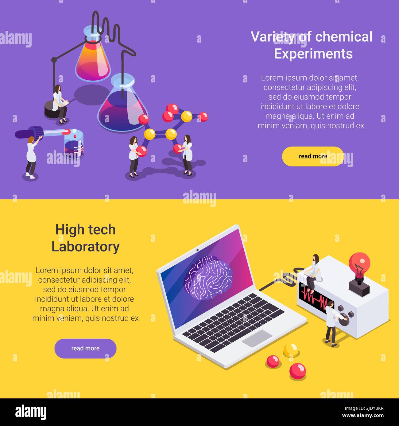 Science isometric background set of two horizontal banners with read ...