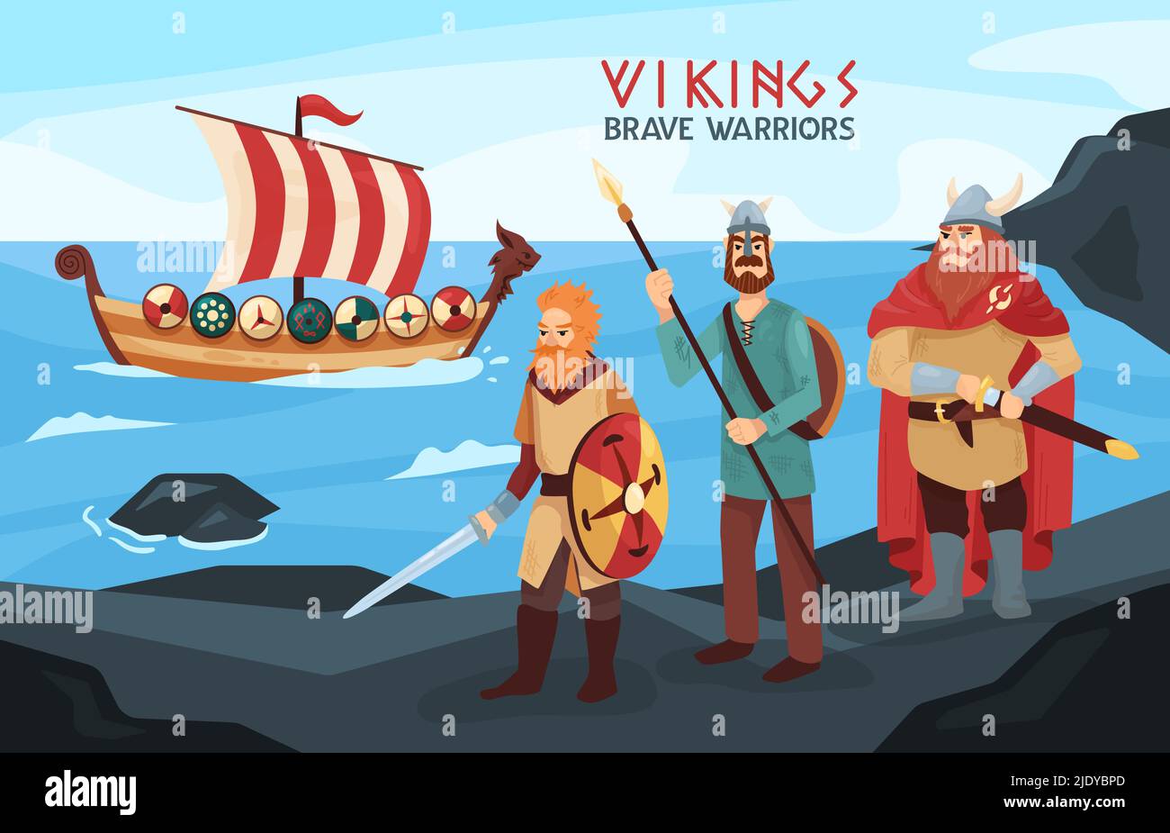 Armed viking brave warriors seafarers on black rocks seashore with raid ...