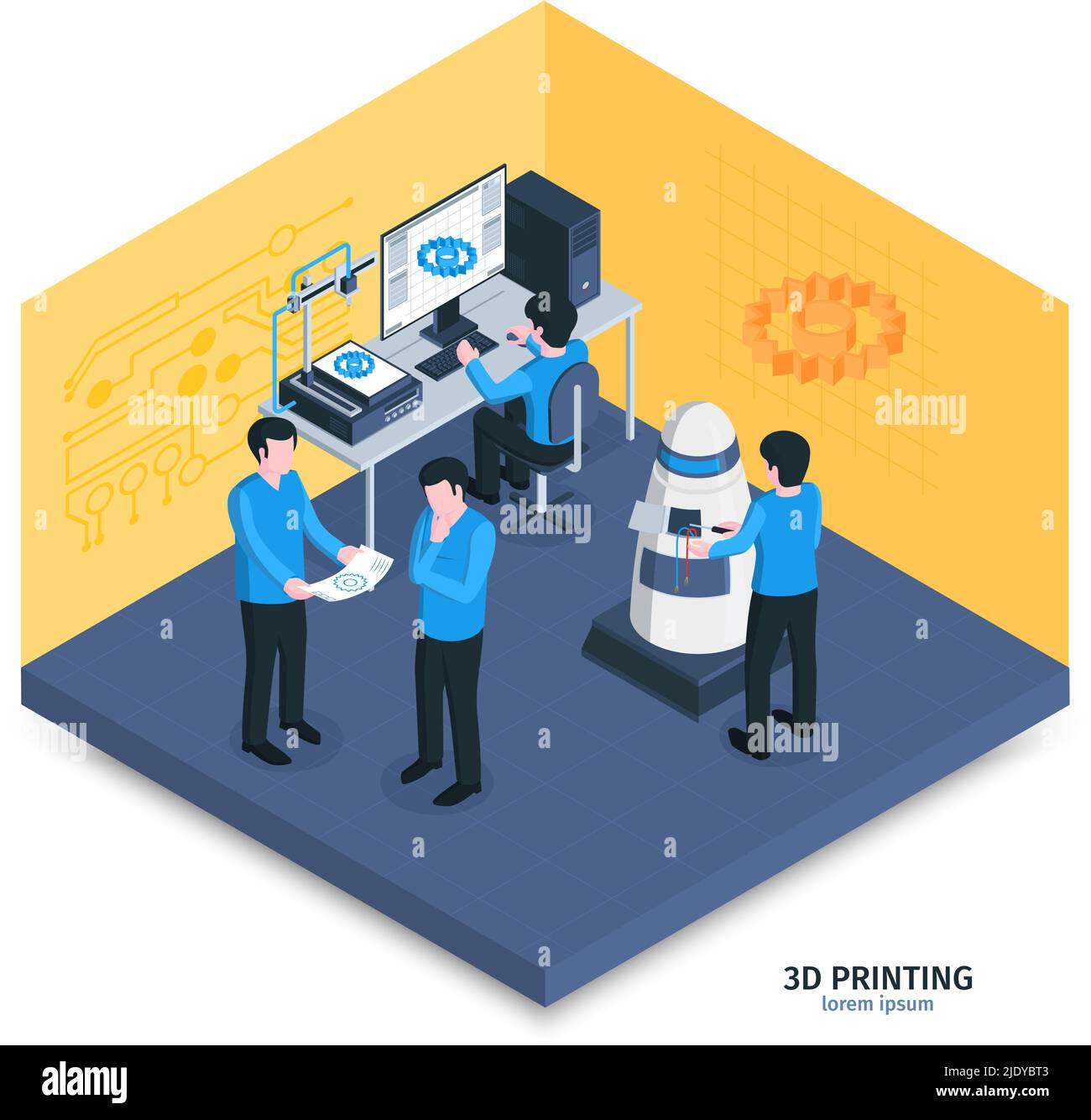 Isometric 3d printing composition with indoor view of room with modelling software and human ...