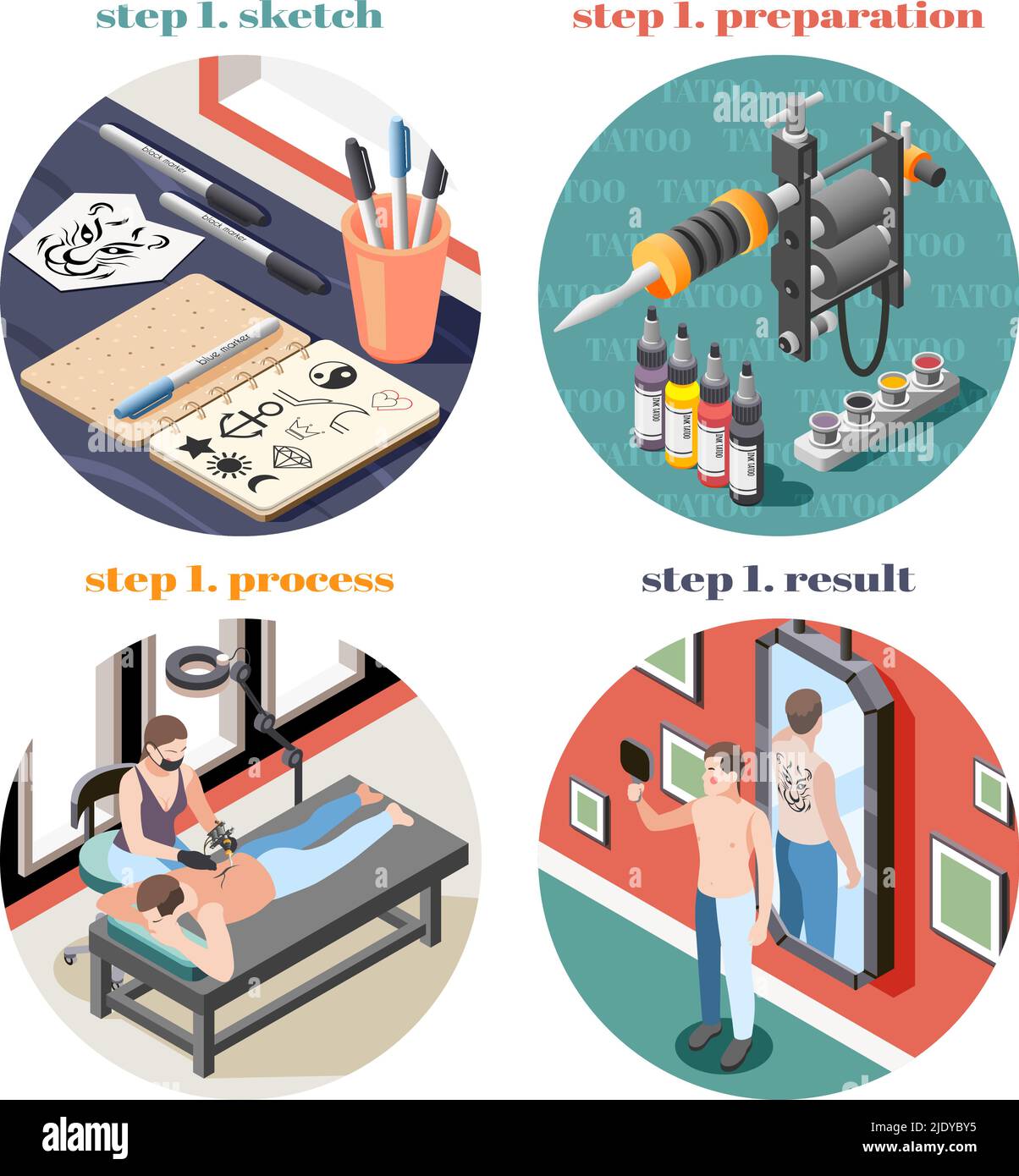 Tattoo studio concept 4 round isometric compositions with sketch tools ...