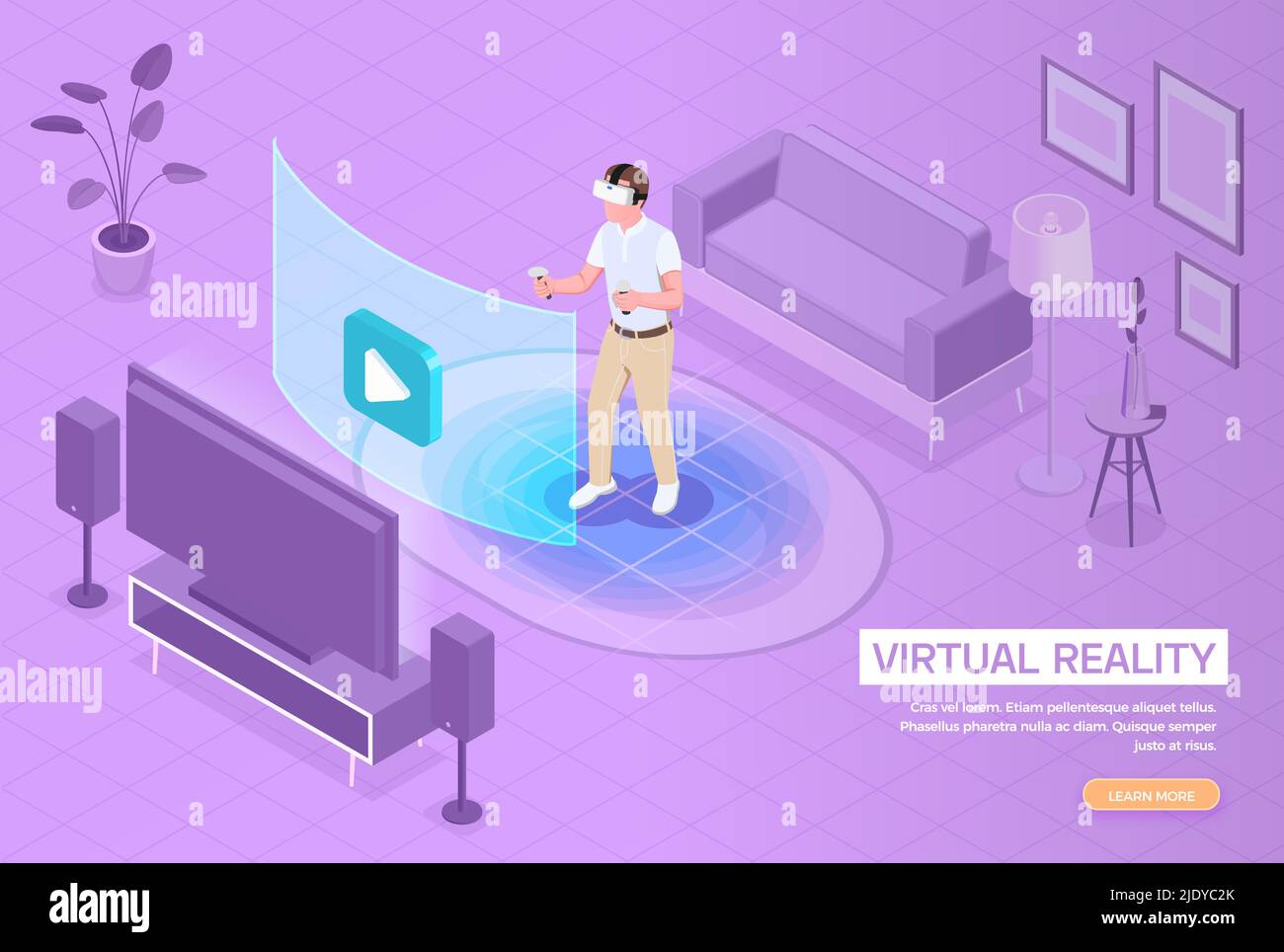 Virtual augmented reality isometric landing page with man in headset ...