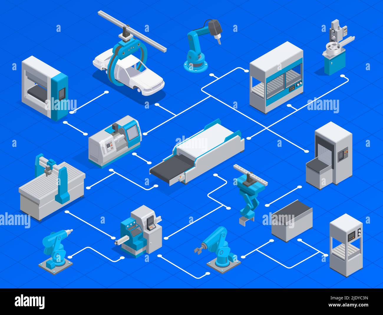 Industrial equipment set isometric flowchart composition with isolated ...