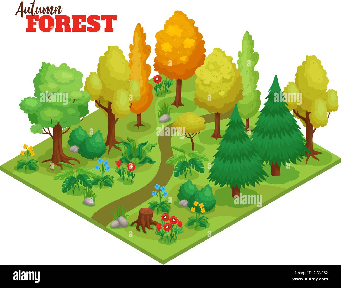 Autumn forest concept with trees flowers and path isometric vector ...