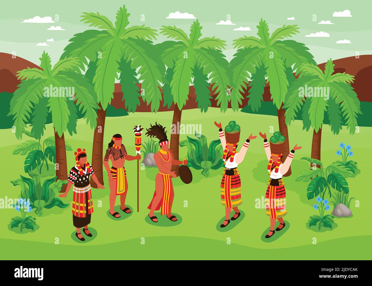 Phillipine travel isometric background with tribal groups symbols ...
