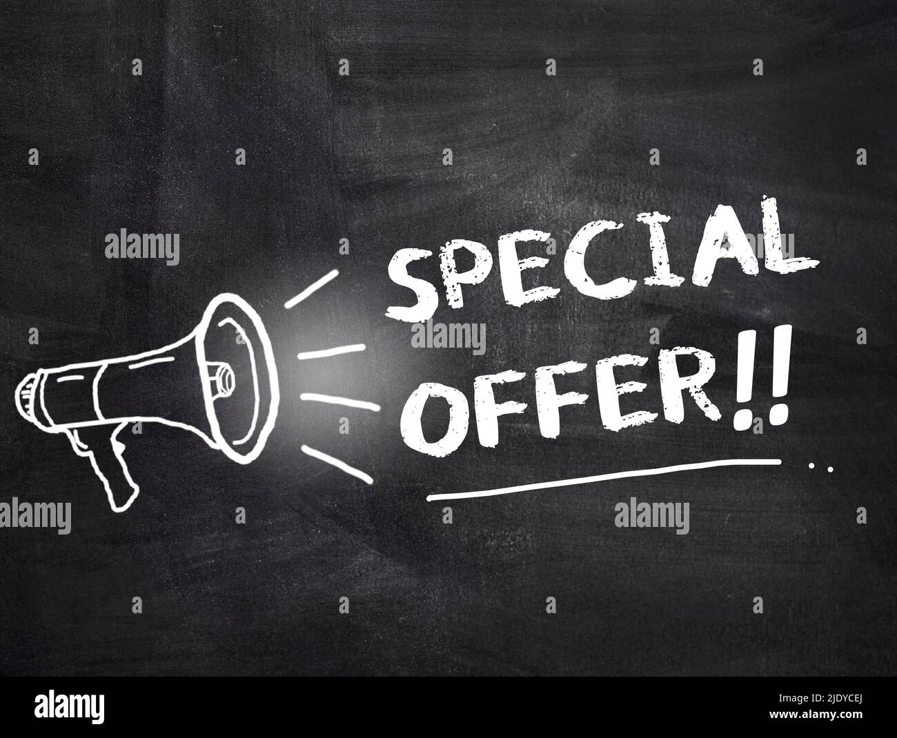 Special offer text with megaphone on chalkboard background. Concept ...