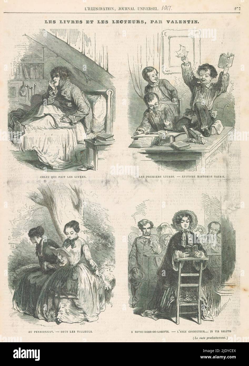 Four scenes with people reading, Les livres et les lecteurs (title on ...