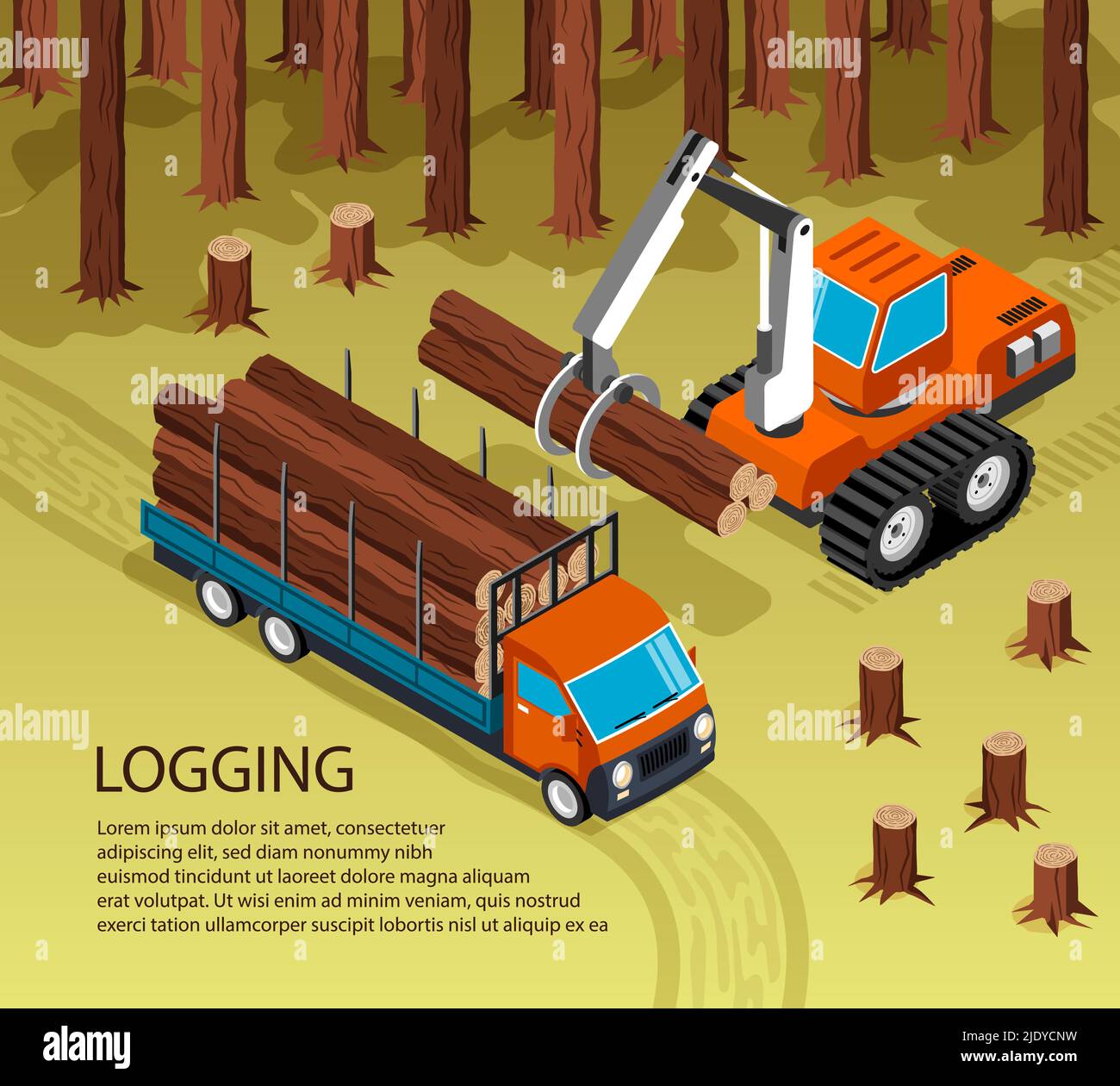 Isometric sawmill woodworking background composition with outdoor ...