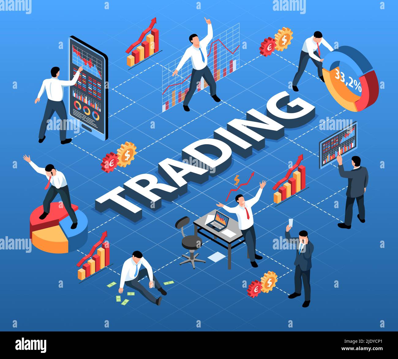 Isometric stock market exchange trading flowchart composition with ...