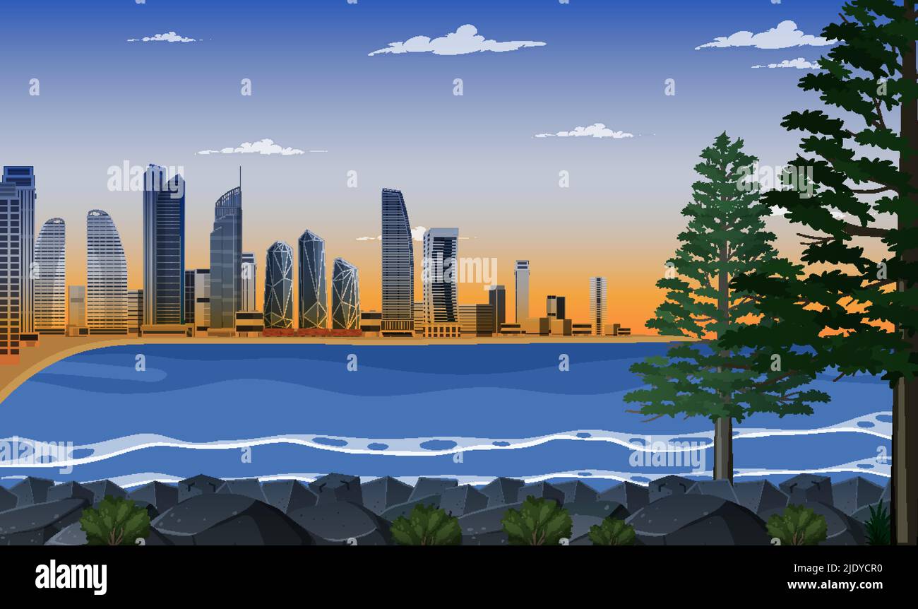 Beach city at dawn background illustration Stock Vector Image & Art - Alamy