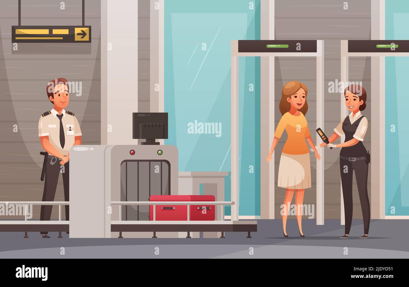 Woman character and her luggage being checked in airport cartoon ...
