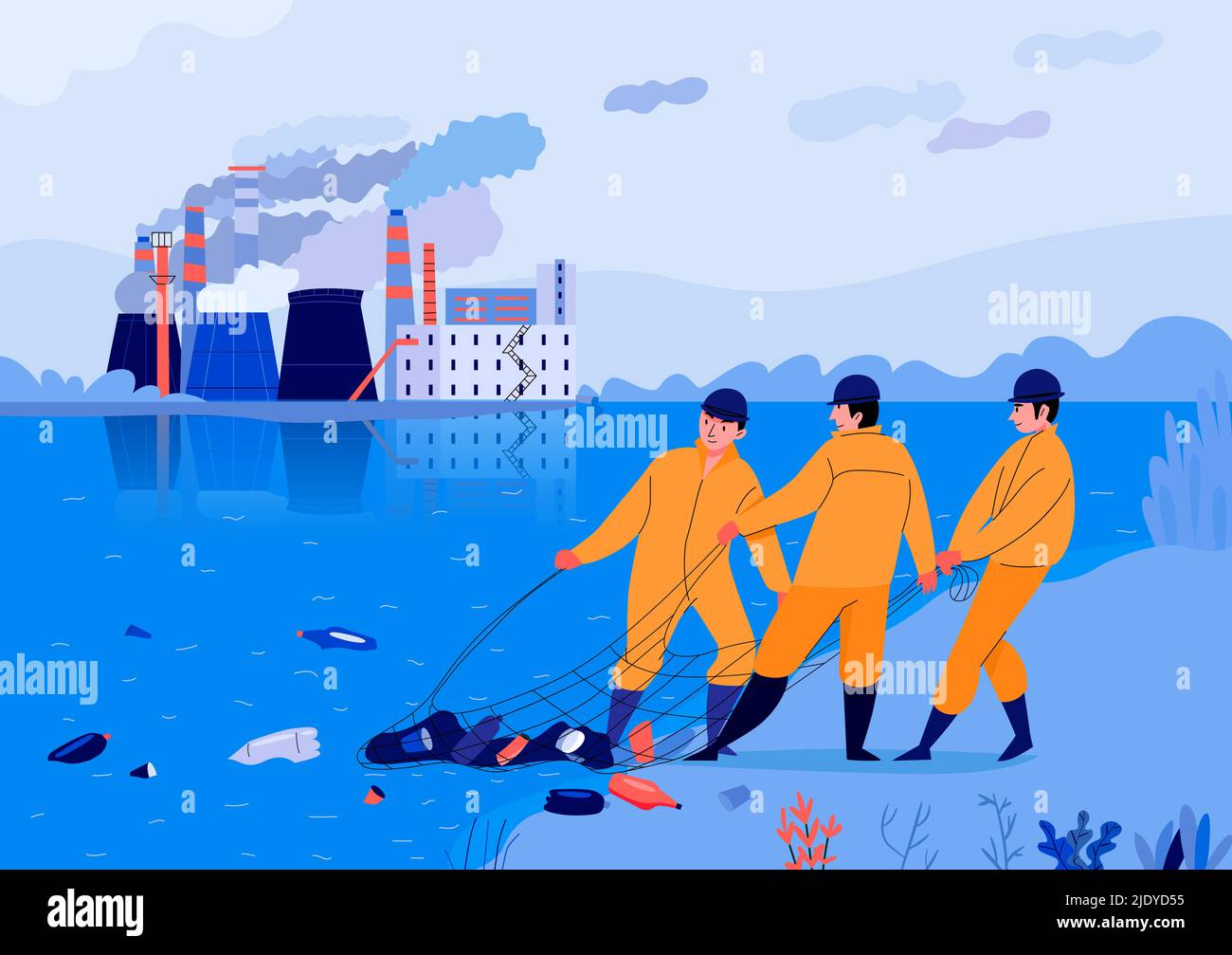 Pollution background with three man taking rubbish out of pond near ...