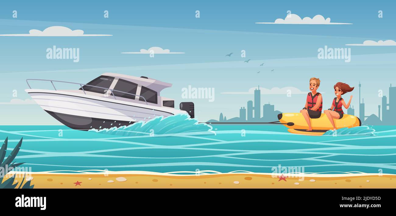 Water sports background with man and woman riding banana boat cartoon ...