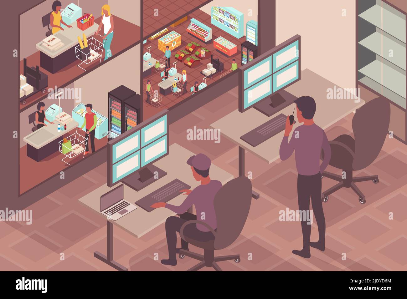 Supermarket security background with guards watching visitors of store ...