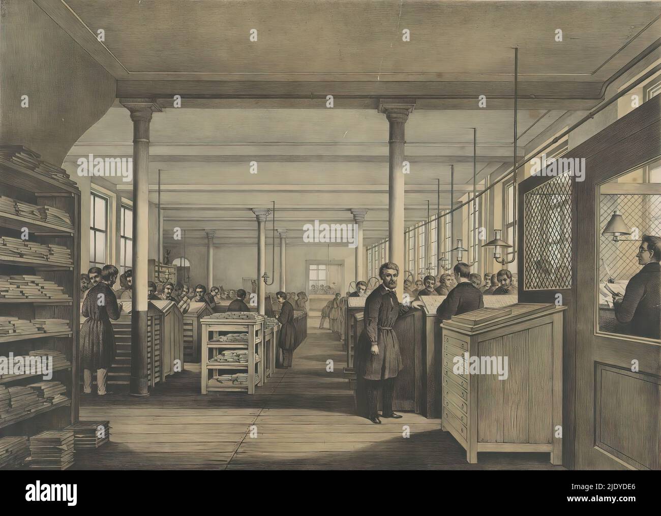 Typesetting, possibly G.J. Thieme, Workshop where a group of men are ...