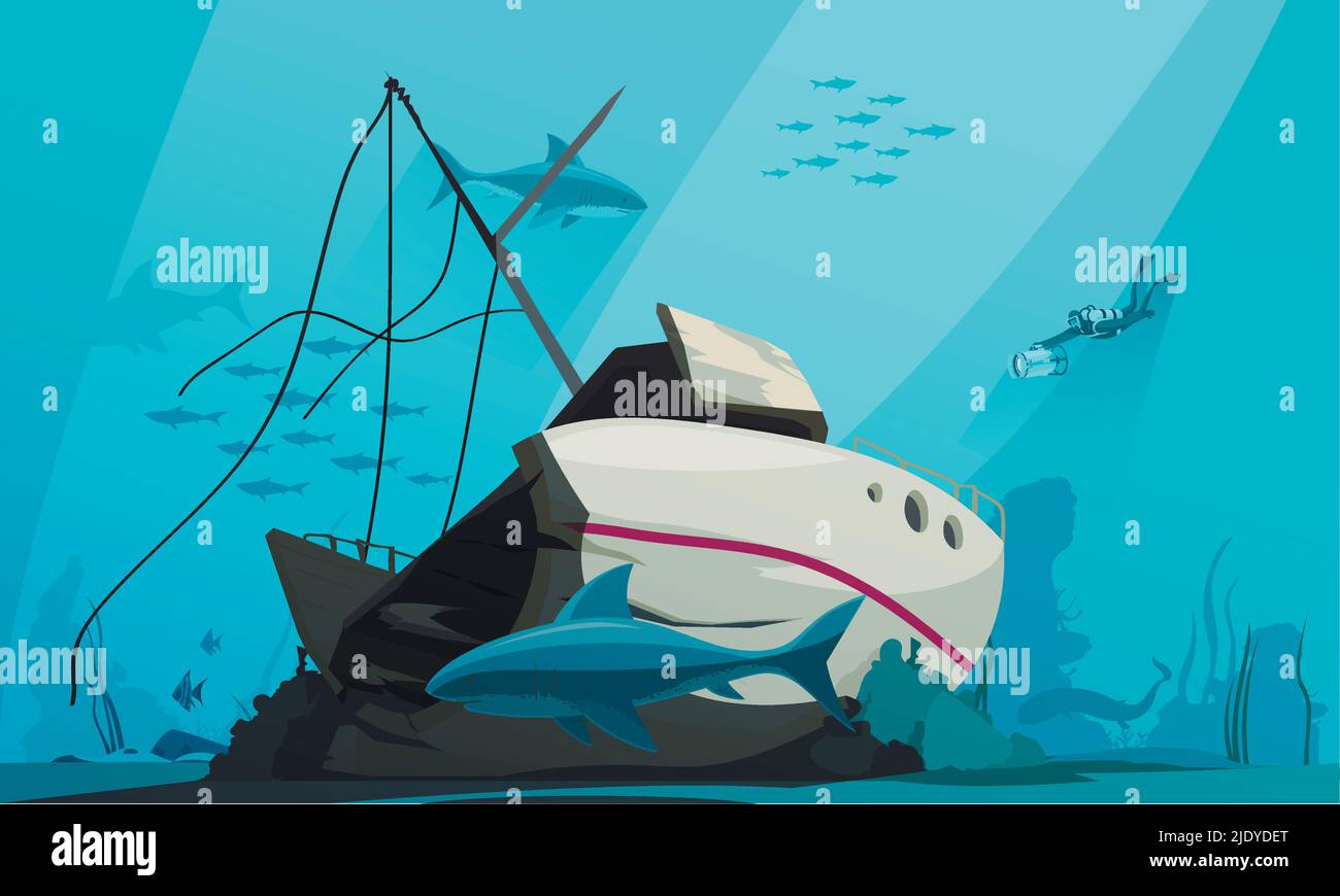 Scuba diver descends into ocean to explore sunken shipwreck on bottom ...