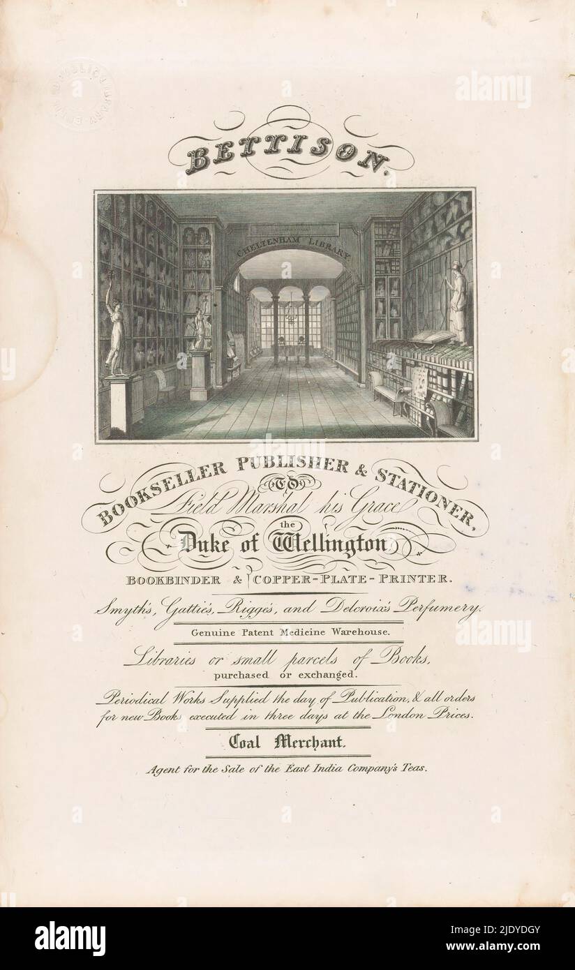 Business card of bookseller Bettison at Cheltenham, Interior of the ...