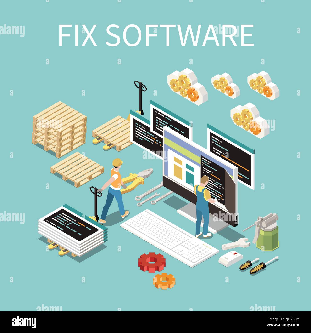 Software development concept with fix and support symbols isometric ...