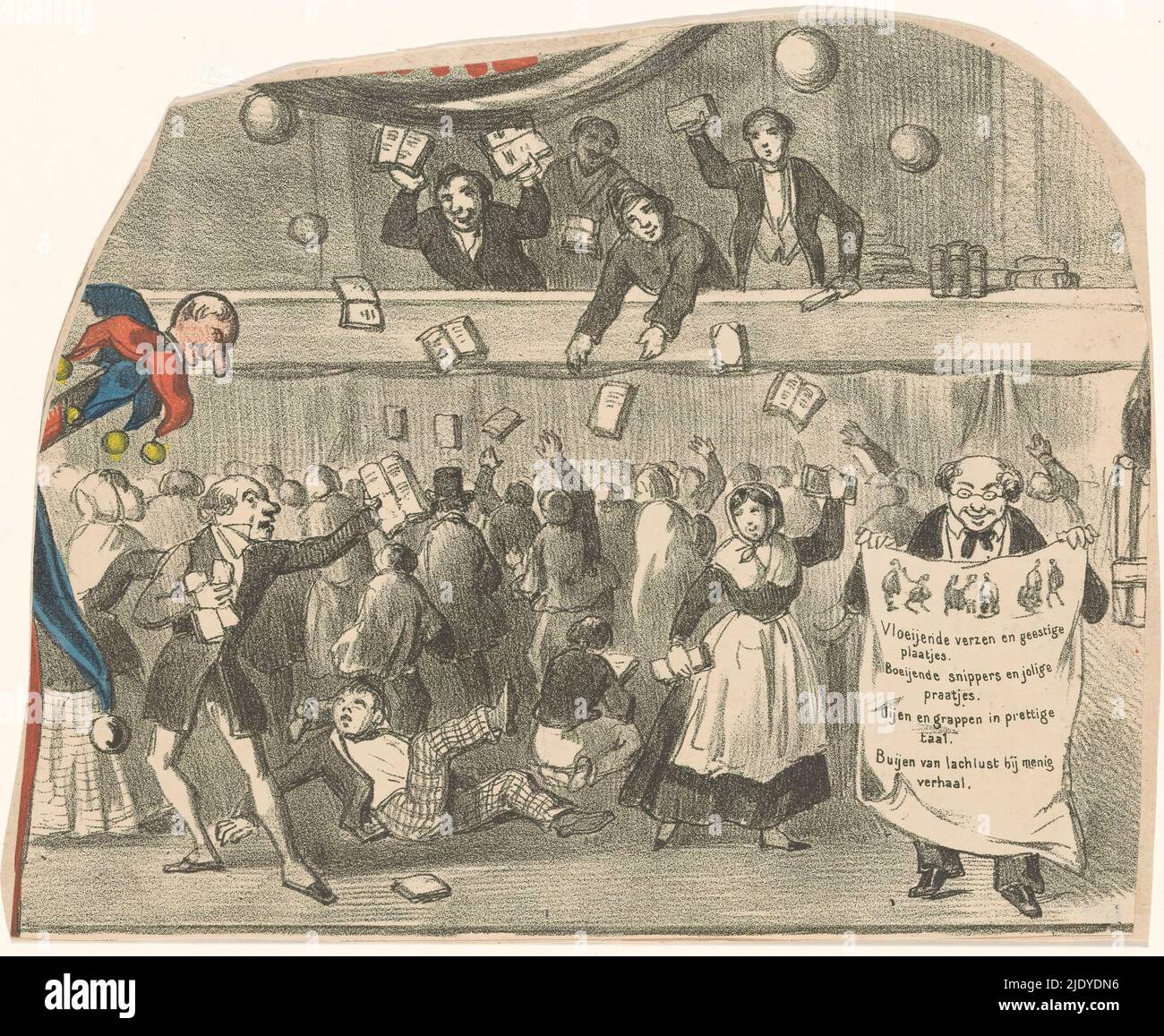 Four men throw books from a balustrade, Four men throw books from a ...