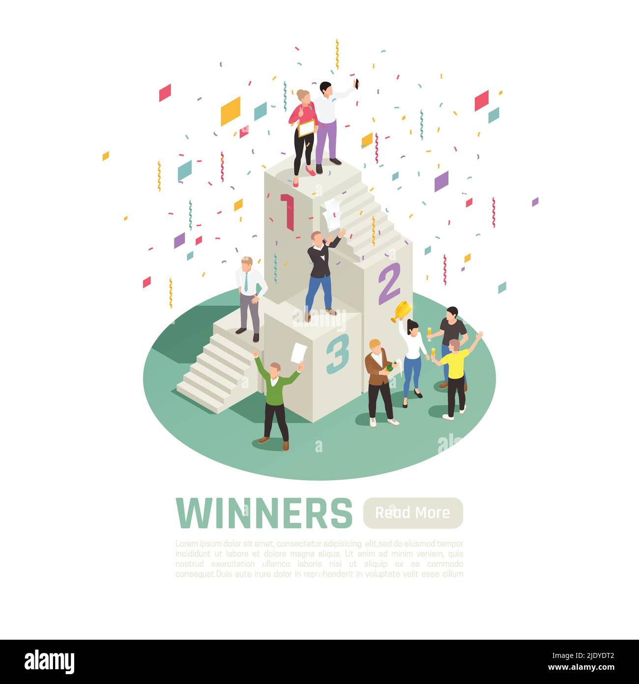 Isolated and isometric winner concept with prize winners stand on a ...