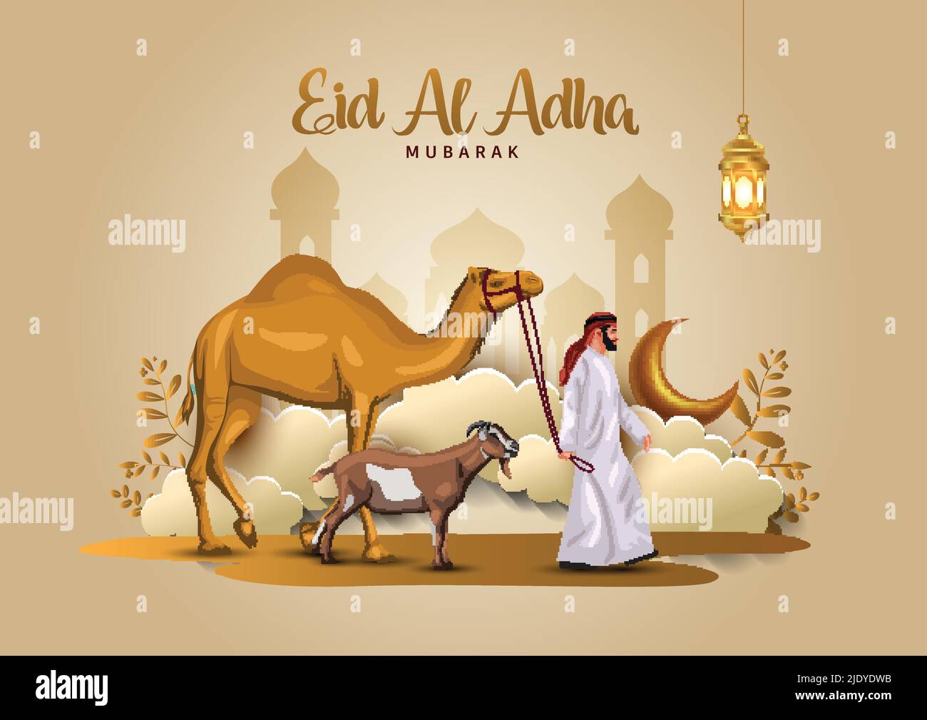eid al adha mubarak Arabic man with a camel and goat. creative vector ...