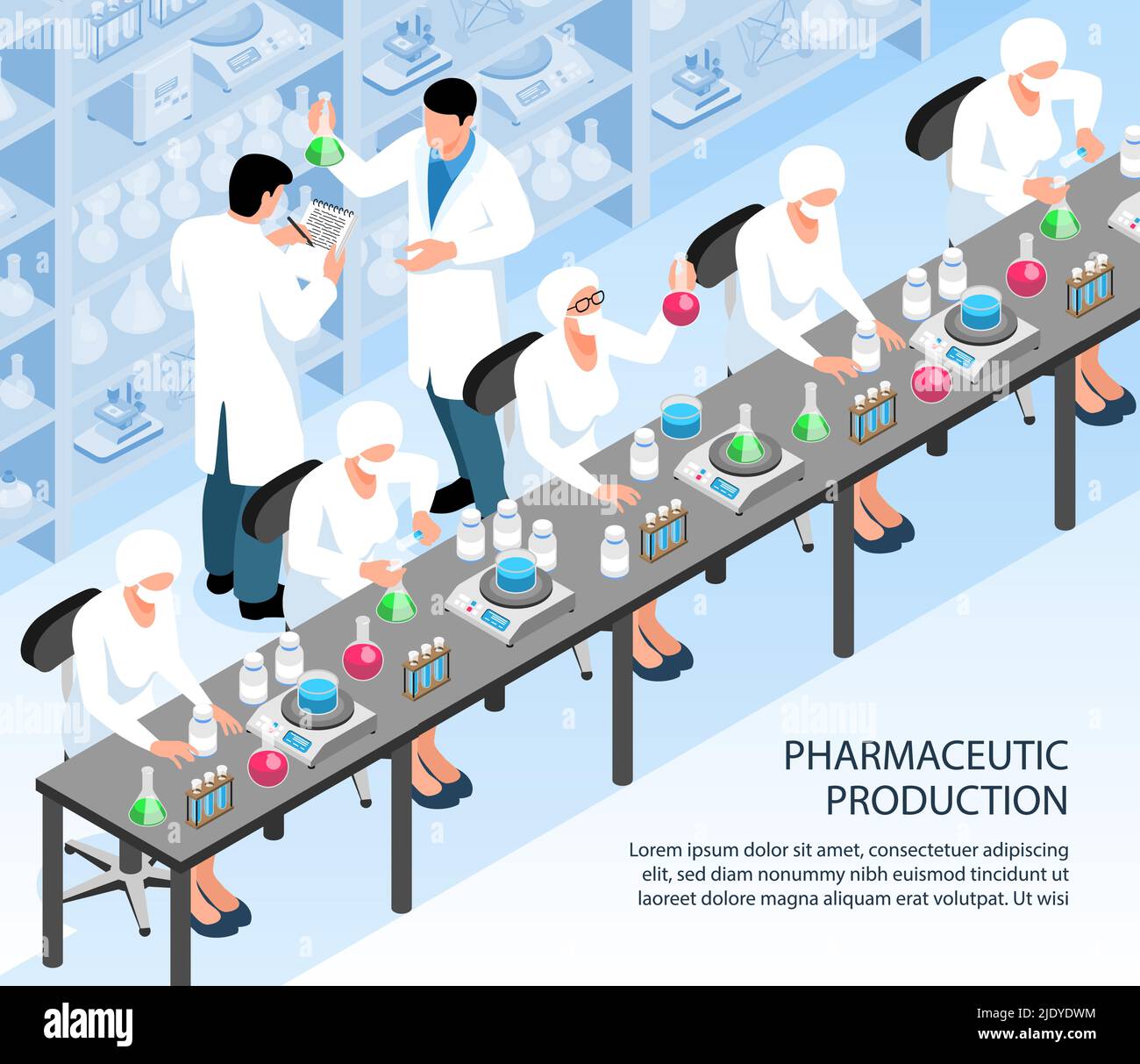 Group of scientists working on pharmaceutical production in laboratory 3d isometric vector ...