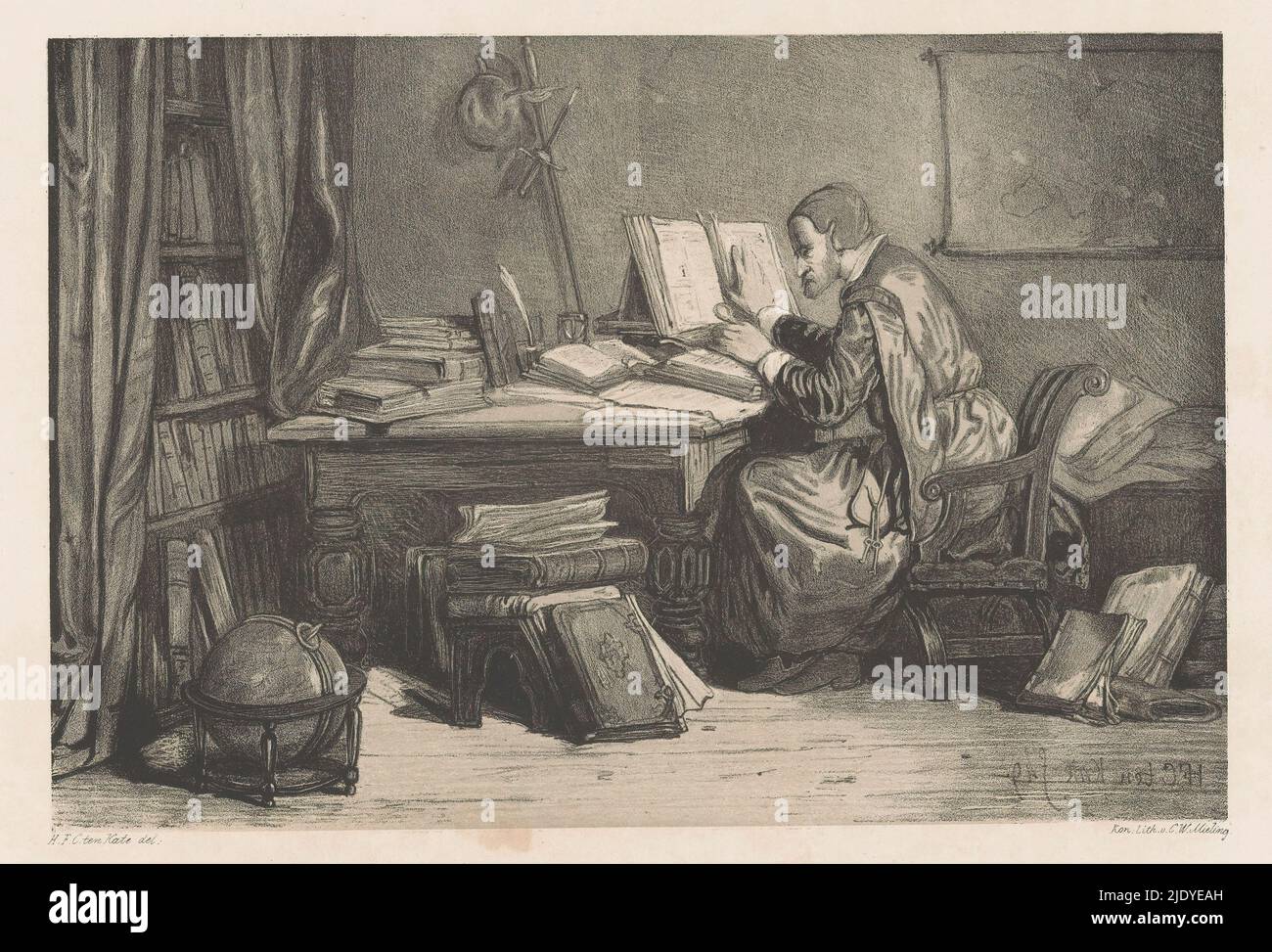 Scholar in a study, Scholar reading behind a table in a 17th century ...
