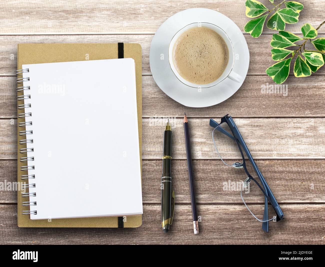 Business office desk design concept. Wood office table with glasses ...