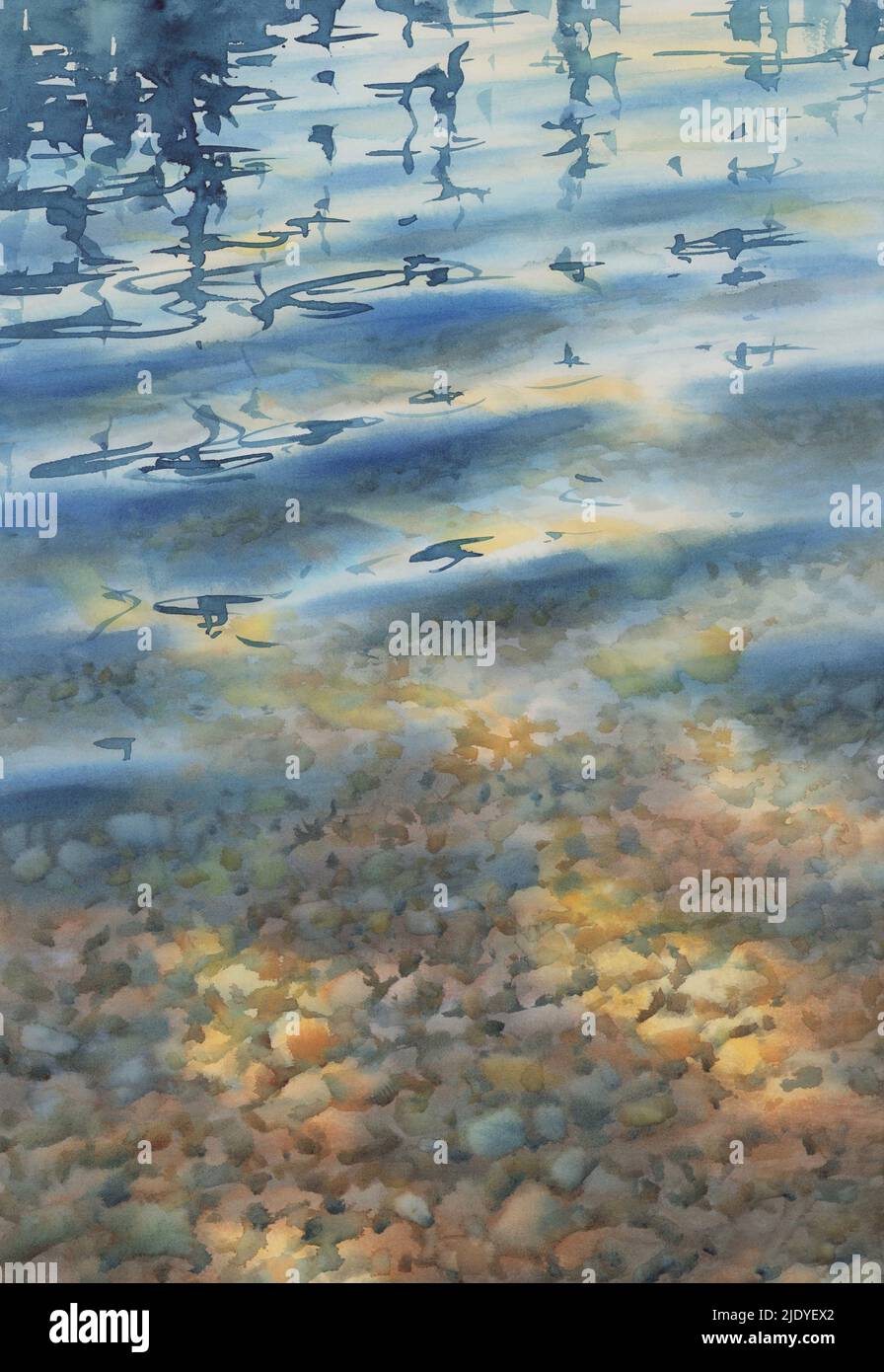 Summer morning water ripples with stones underwater watercolor ...