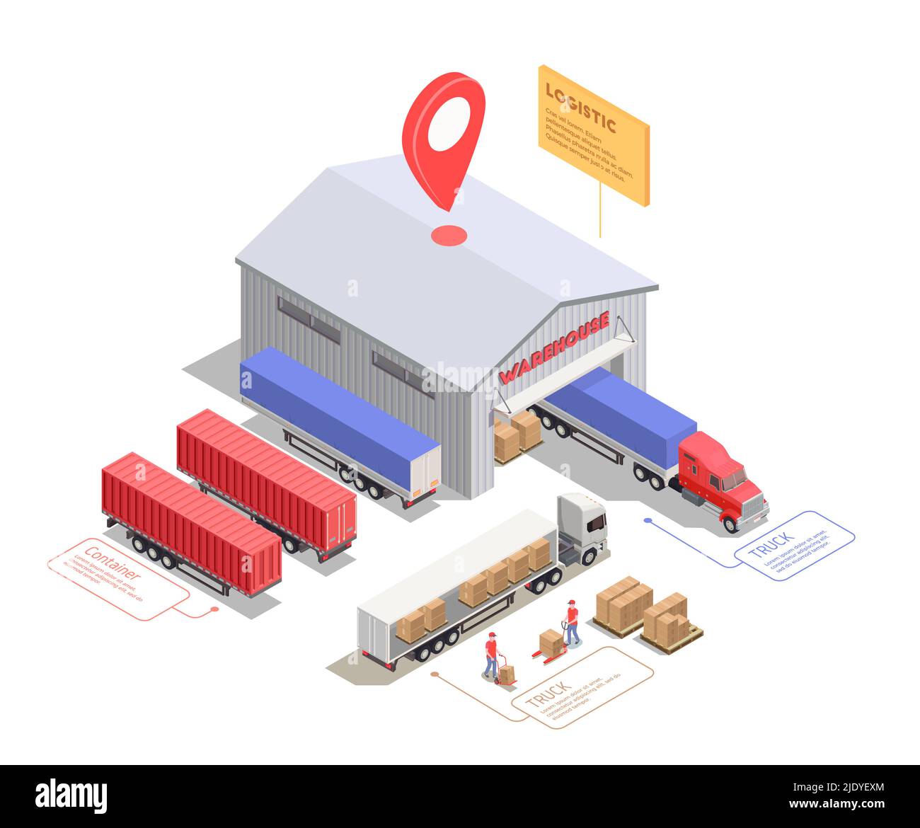 Isometric composition with trucks and containers near warehouse ...