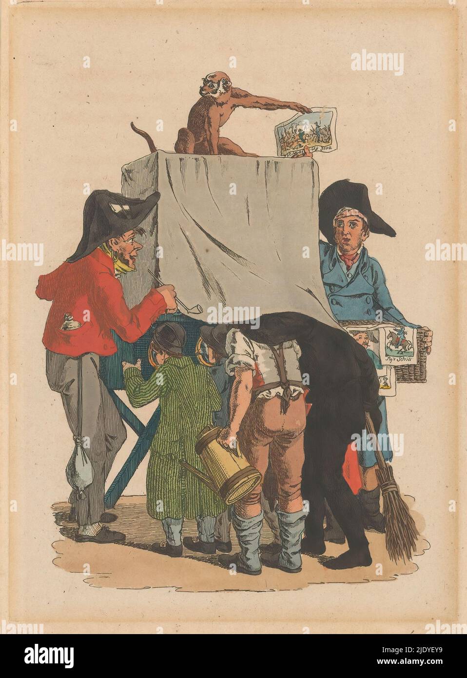 Figures around a viewing box with a monkey, A viewing box under a cloth ...