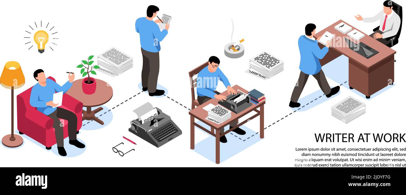 Writer at work horizontal isometric infographic composition from ...