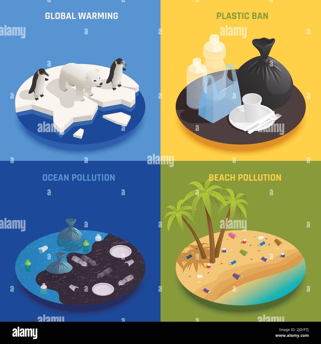 Ocean pollution isometric 2x2 design concept with text and round images ...