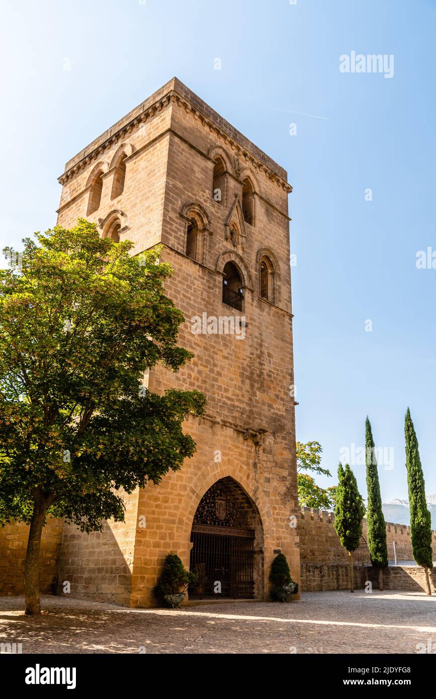 Medieval tower. Cobblestoned street in the medieval town of Laguardia ...