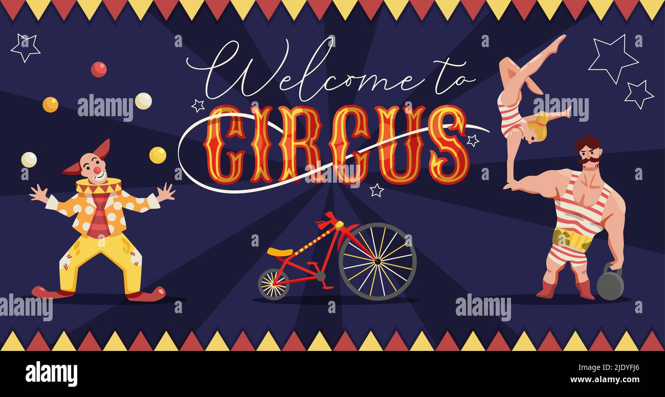 Circus horizontal composition with ornate text and colourful images ...