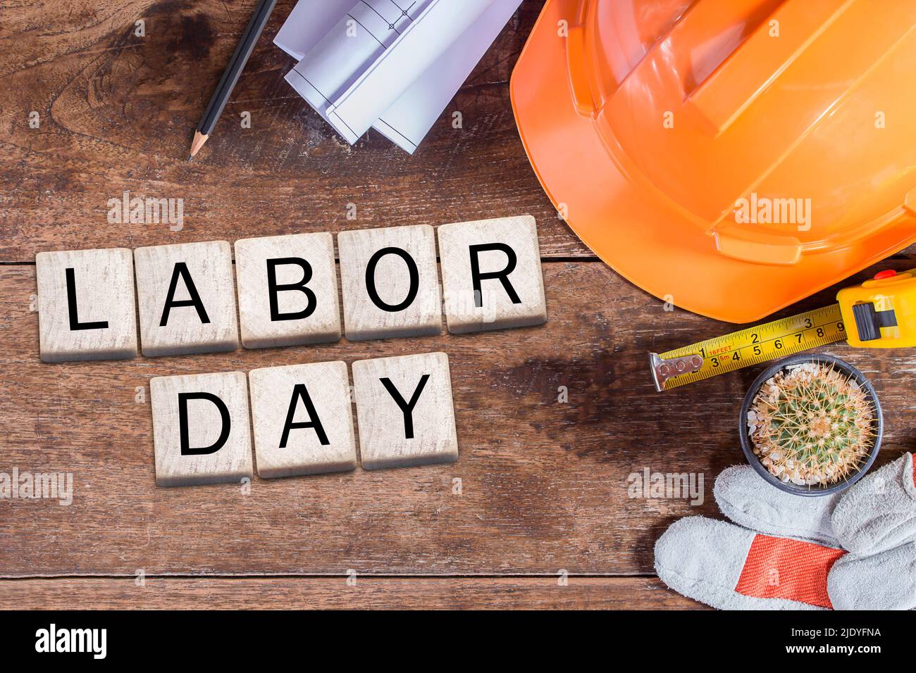 Labor day concept.Construction safety equipment and blank notebook or ...