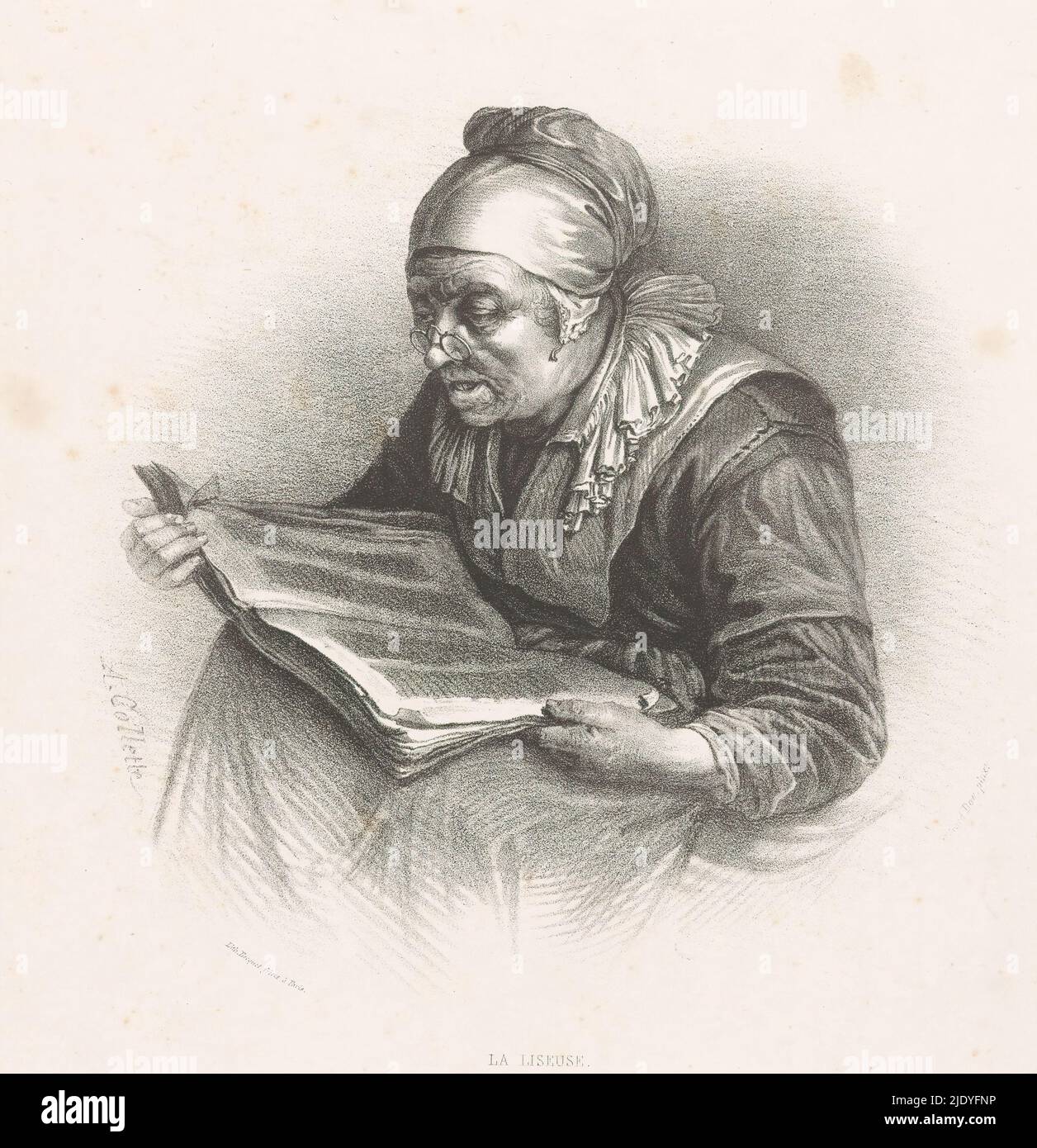 Old woman reading, La liseuse (title on object), print maker: Alexandre ...