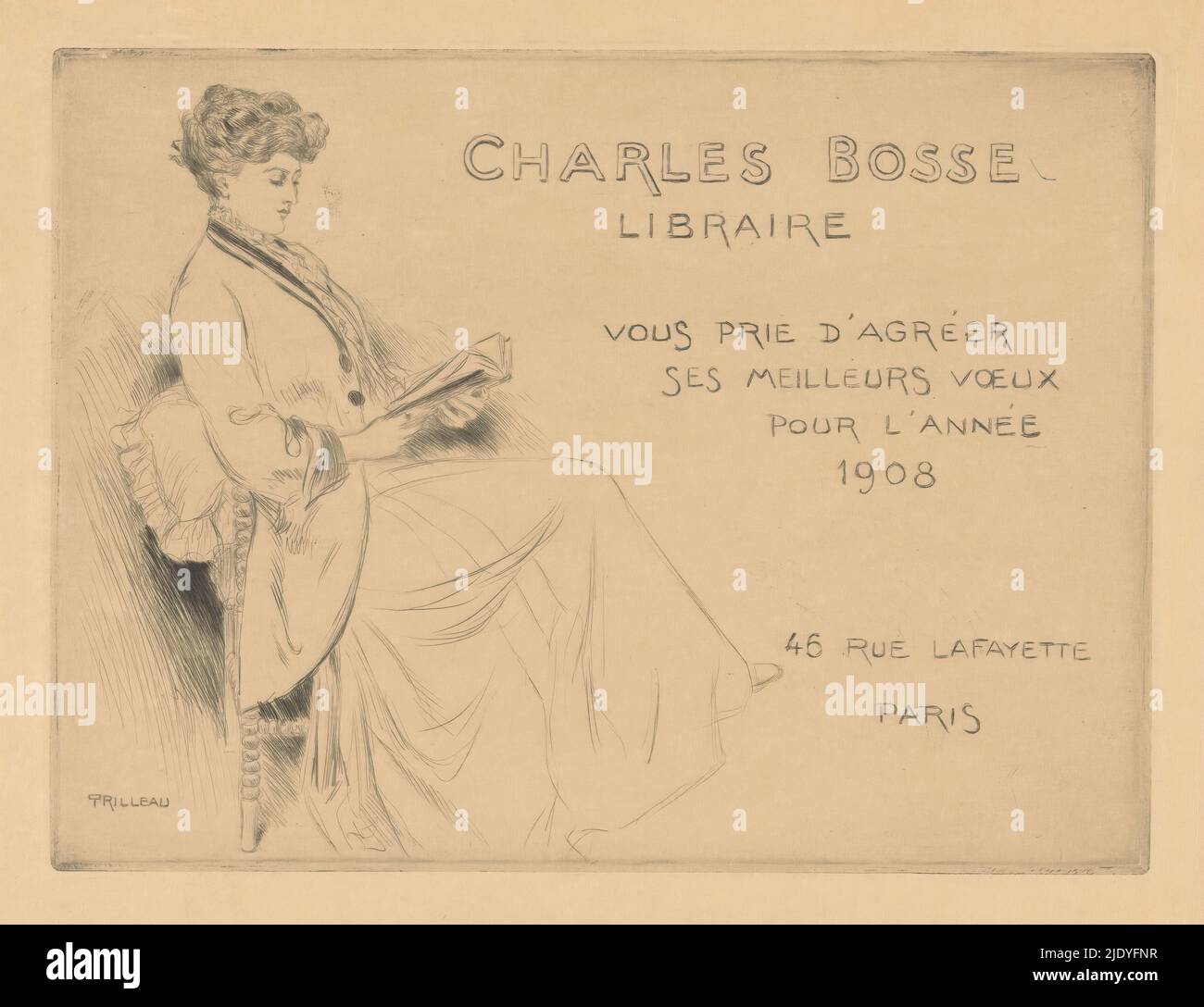 New Year's greeting from bookseller Charles Bosse in Paris, A woman ...