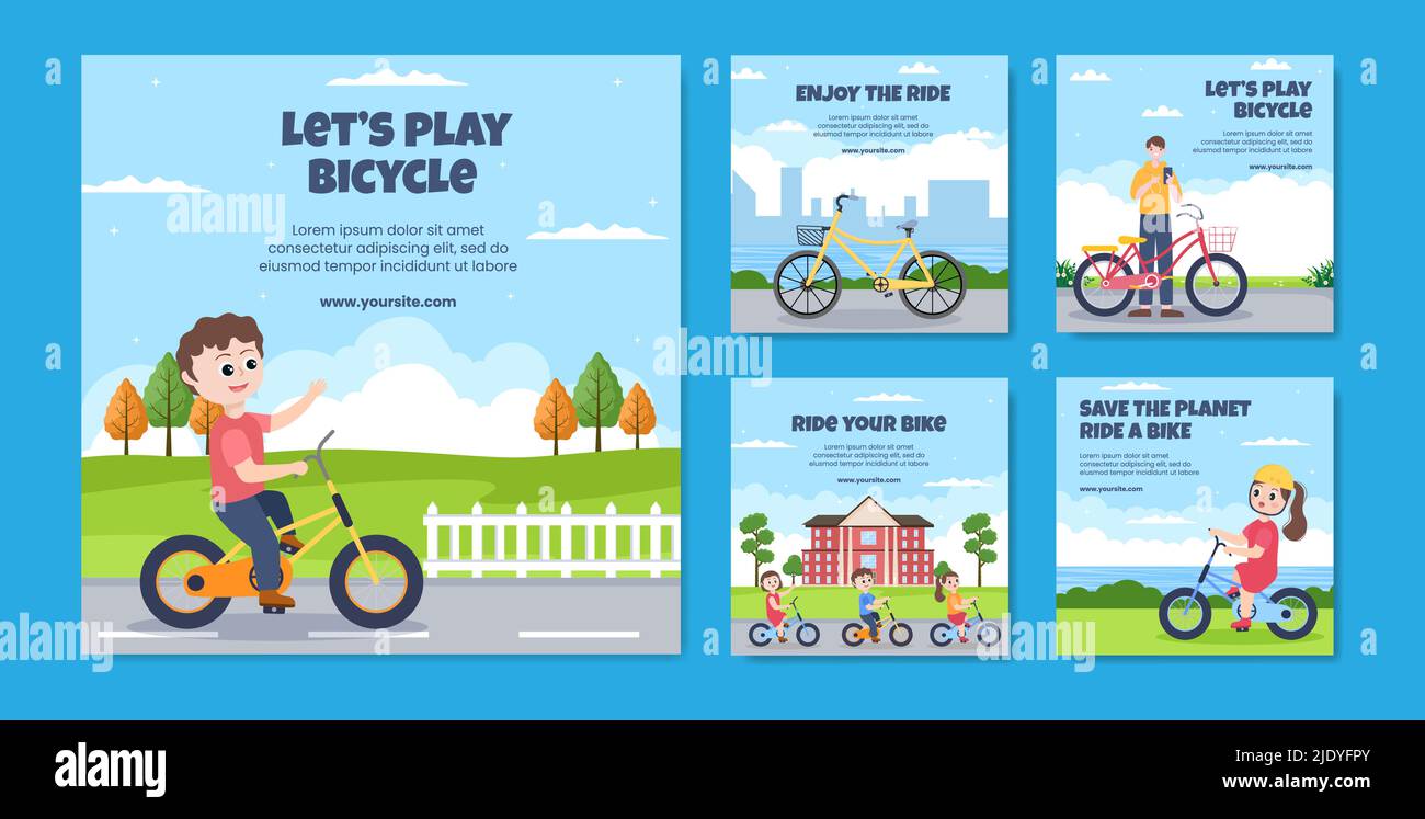 Lets Play Bicycle Social Media Post Template Flat Cartoon Background ...