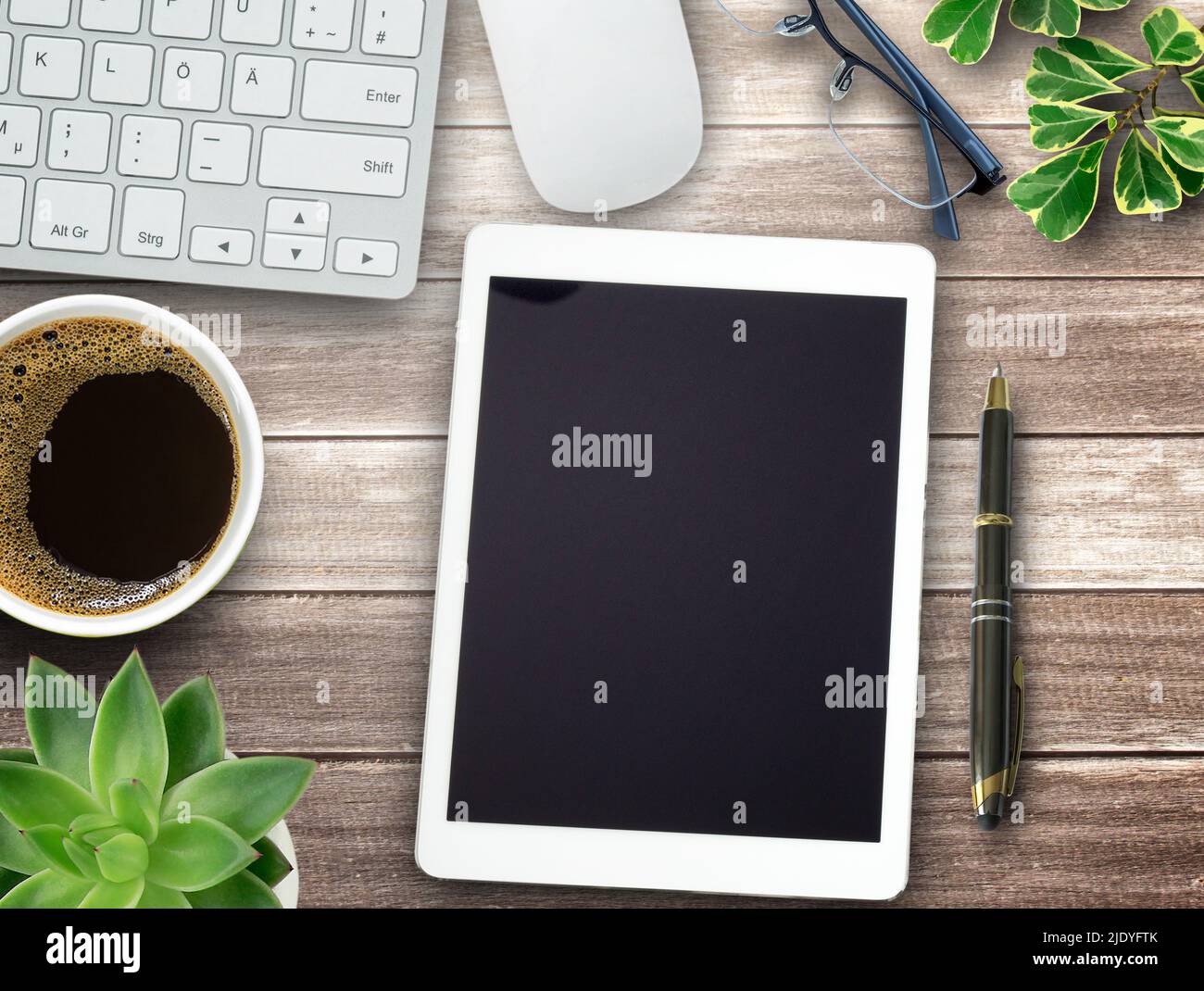 Business office desk design concept. Wood office table with glasses ...