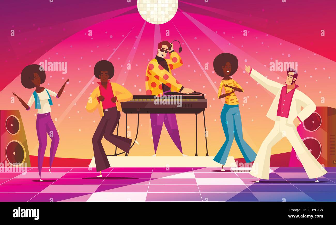 Retro disco party background with couple dancing flat vector ...